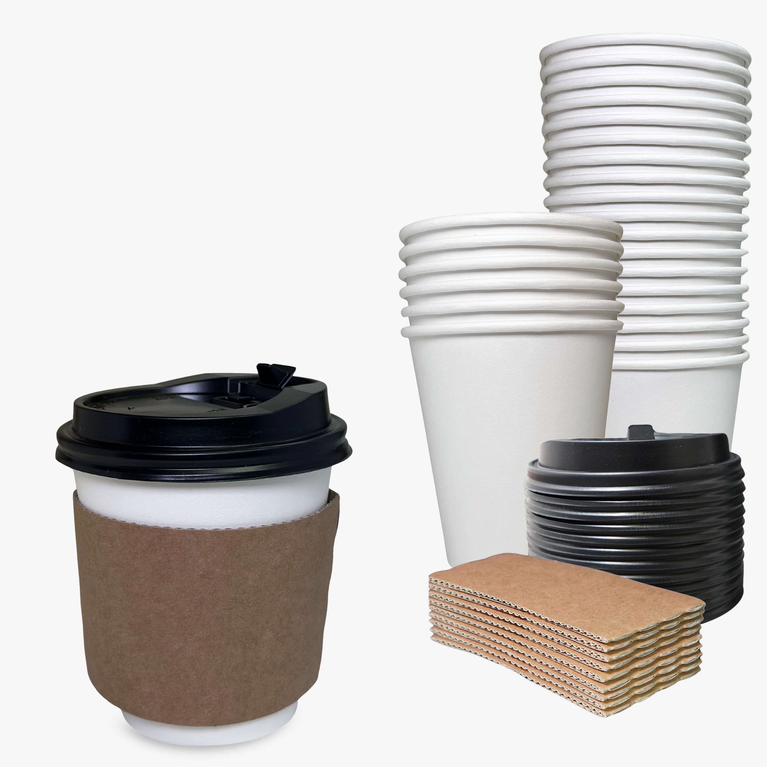[100 Pack] 12oz Disposable White Paper Coffee Cups with Black Dome Lids ...