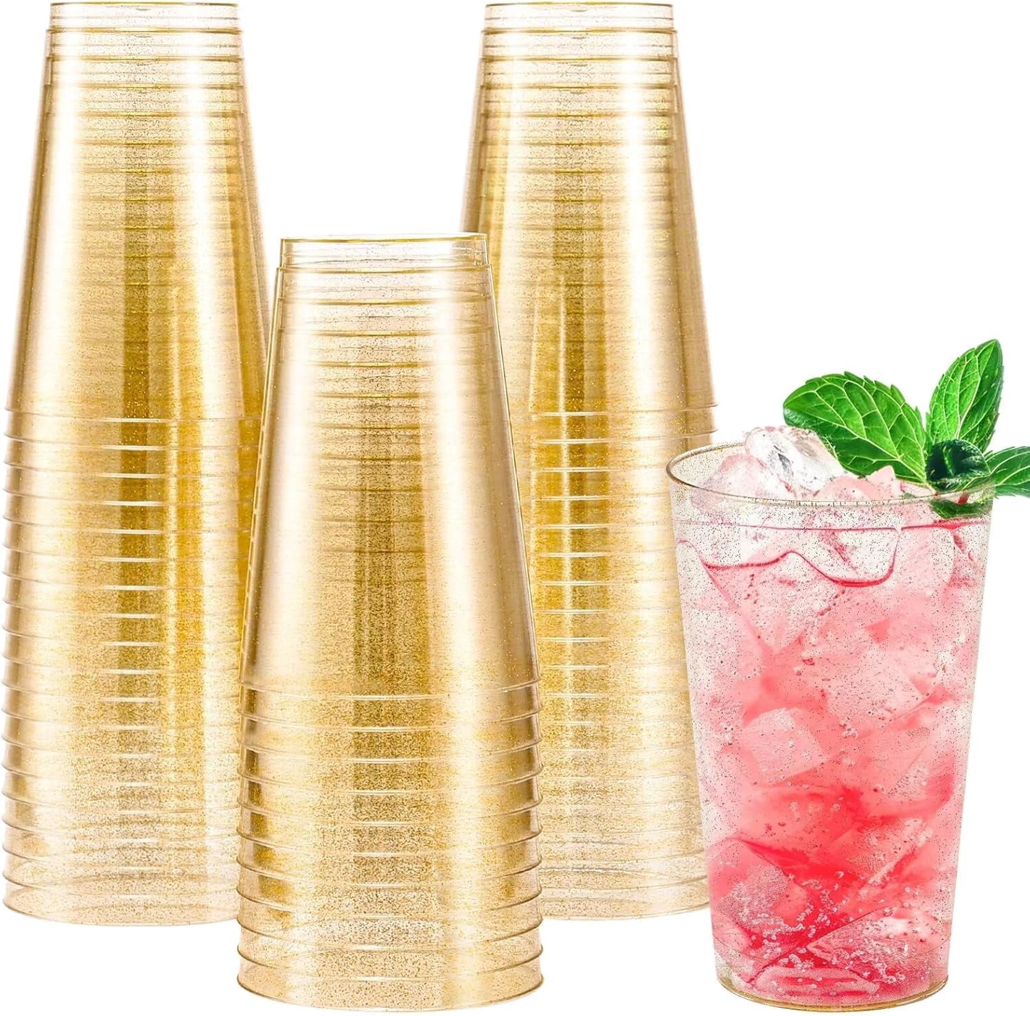 100 Pack 14 oz Gold Plastic Cups, Disposable Gold Glitter Plastic Cups ...