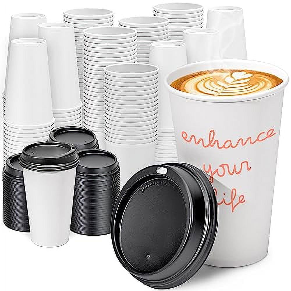 [100 Pack] 16 Oz Disposable Paper Coffee Cups with Black Lids, To Go ...