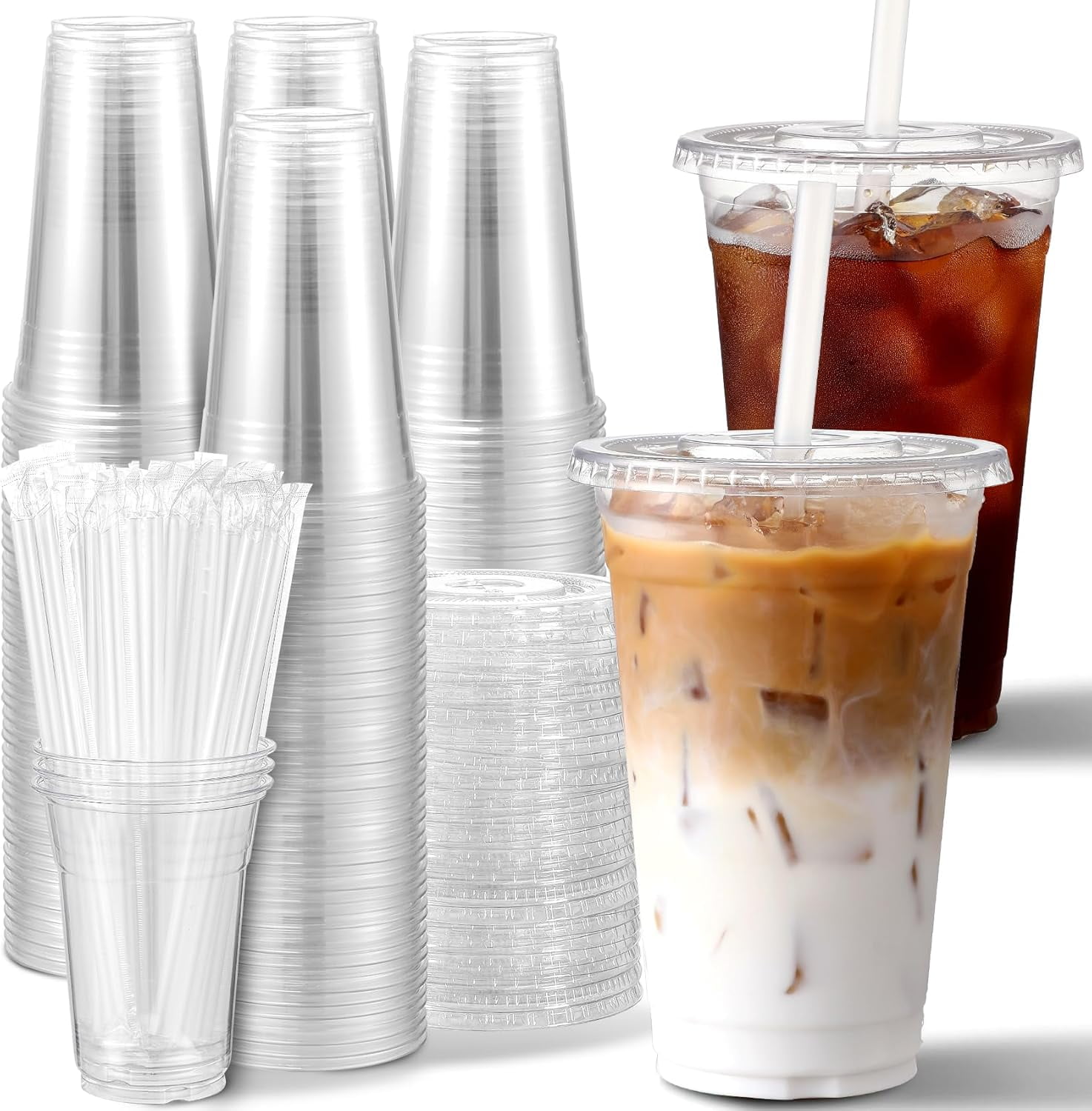 100 Pack, 16 Oz Plastic Cups With Lids and Straws, Iced Coffee Cups ...