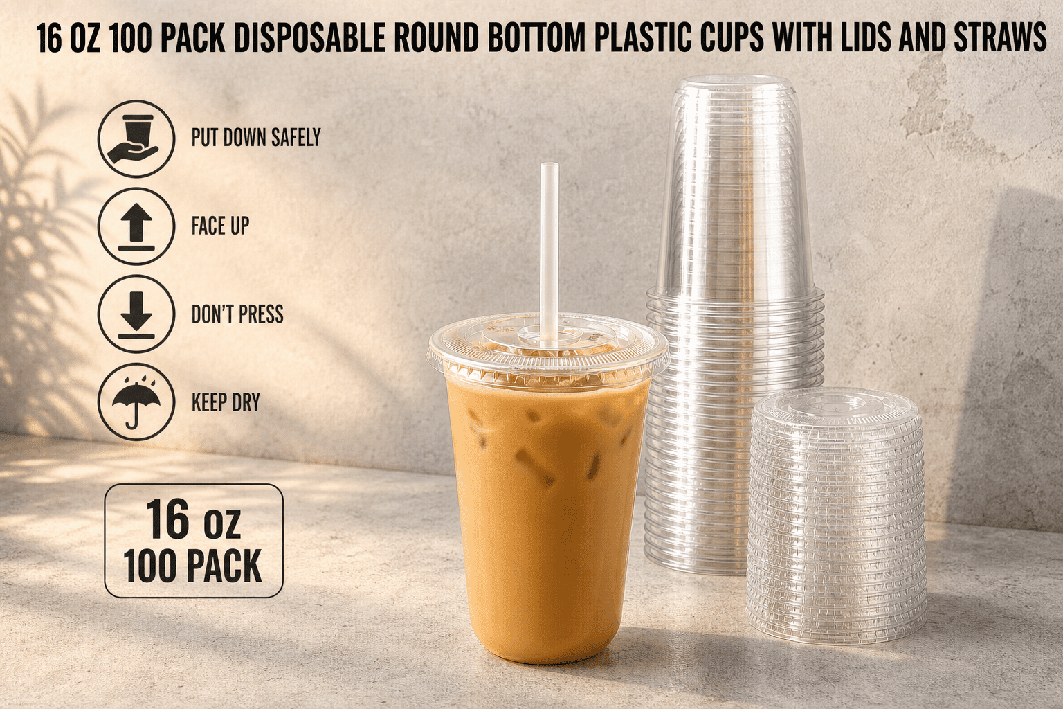 100 Pack - 16 Oz Round Bottom Plastic Cups With Lids And Straws ...