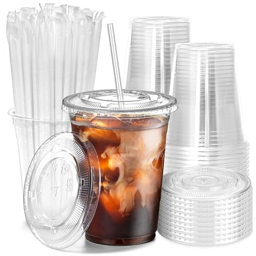 [100 Pack] 16 oz Clear Plastic Cups with Flat Lids and Clear Straws ...