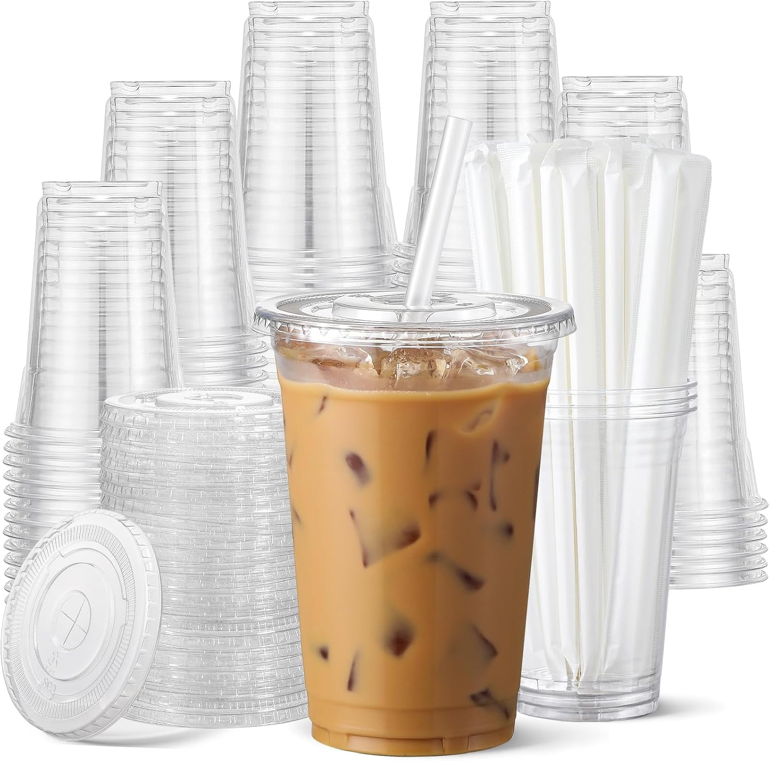 100 Pack - 16 oz Clear Plastic Cups with Lids and Straws Food Safe ...