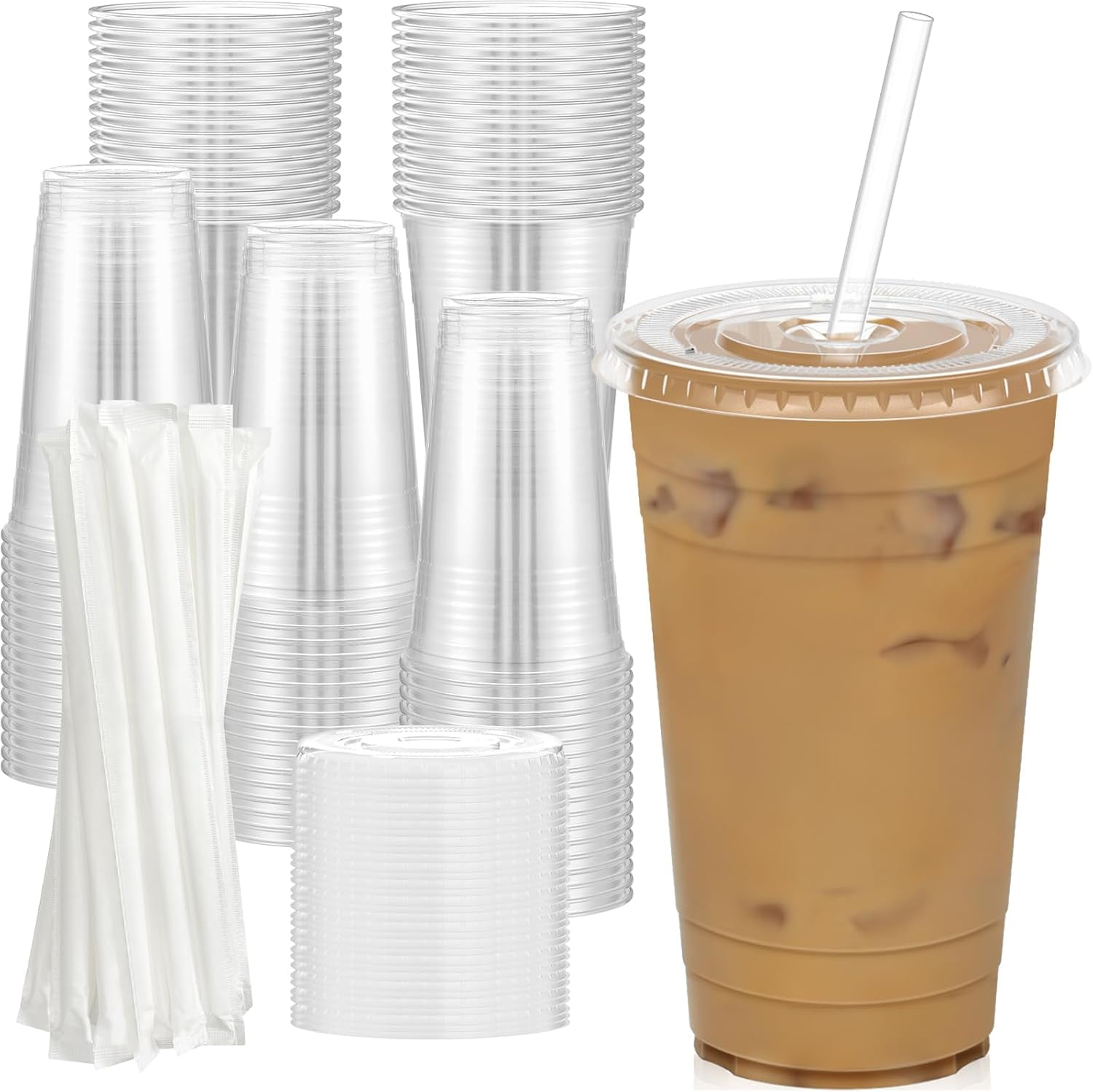100 Pack - 16 oz Clear Plastic Cups with Lids and Straws, Sturdy & Food ...