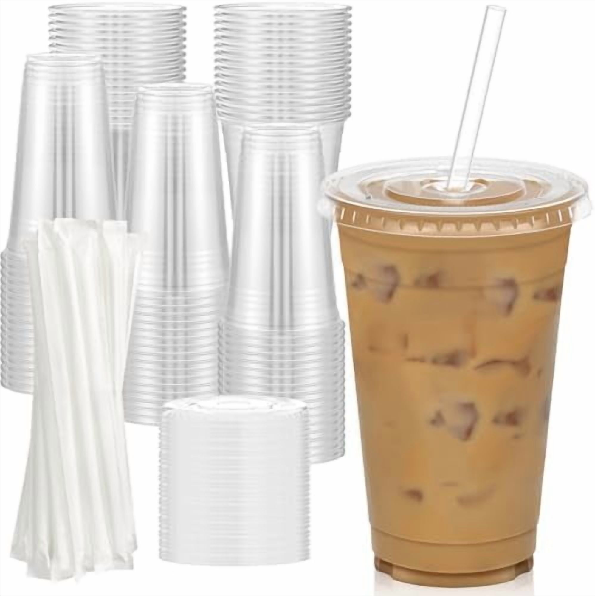 100 Pack - 16 oz Clear Plastic Cups with Lids and Straws, Sturdy & Food ...