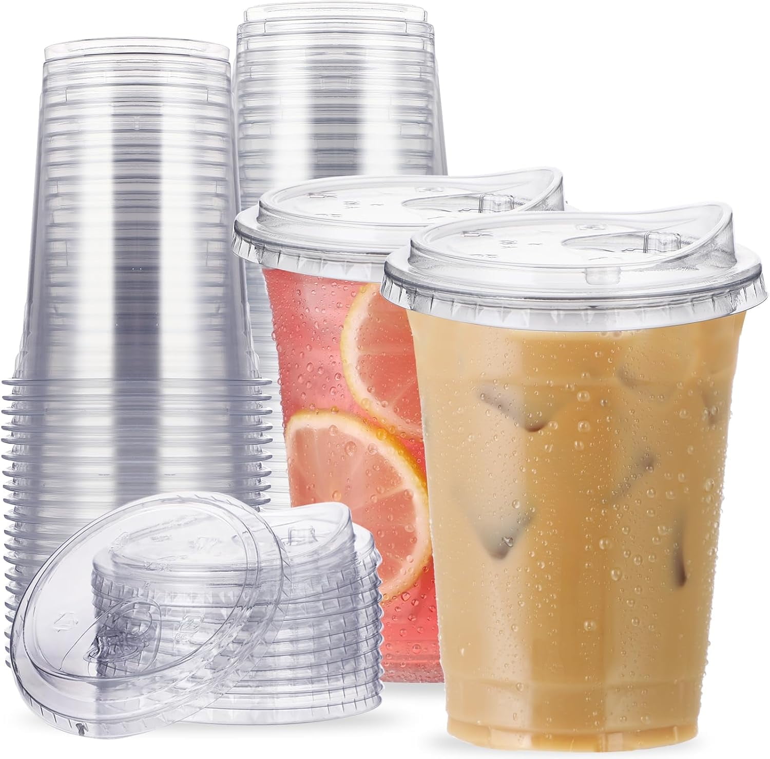 100 Pack - 16 oz Clear Plastic Cups with Lids, Sturdy & Food Safe Iced ...