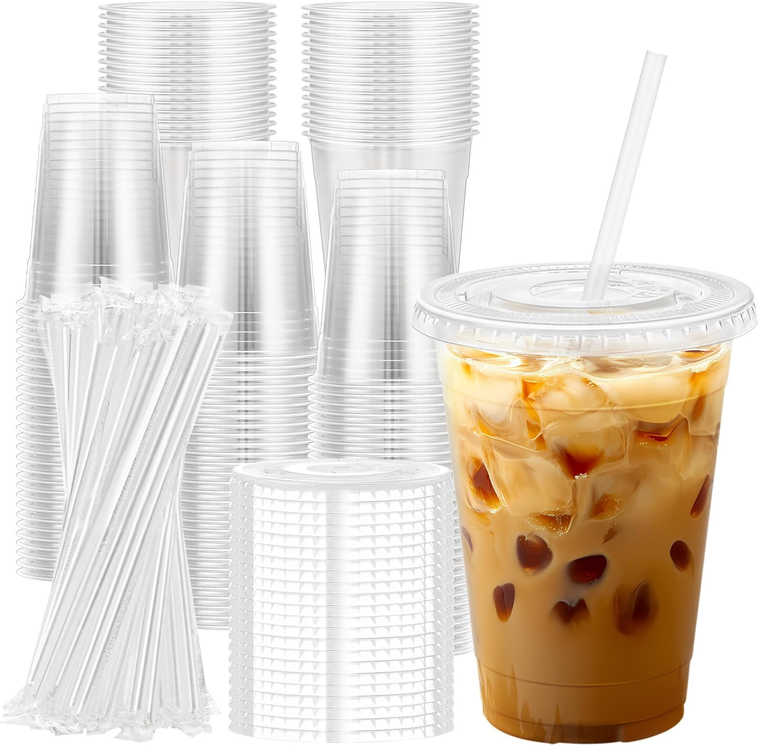 100 Pack 16 oz Clear Plastic Cups with Lids and Straws, Disposable ...