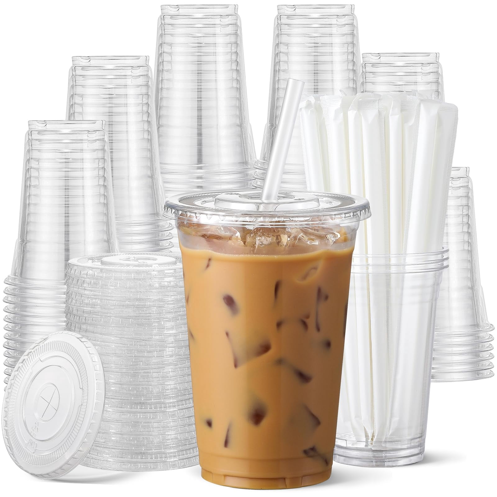 100 Pack 16 oz Clear Plastic Cups with Lids and Straws, Disposable Food ...