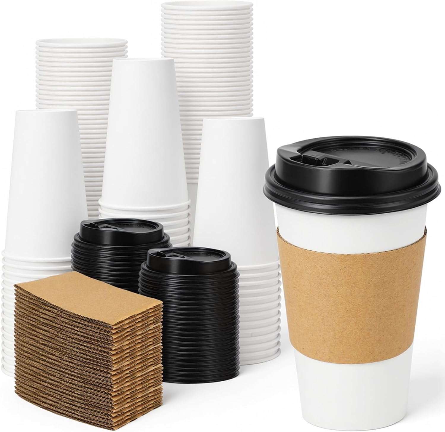 100 Pack 16 oz Disposable Coffee Cups with Lids and Sleeves, Leak-Proof ...