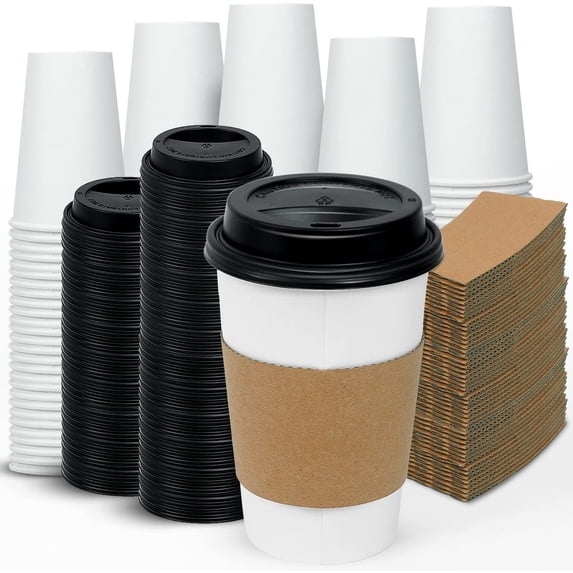 [100 Pack 16 oz Disposable Coffee Cups with Lids and Sleeves - To Go ...