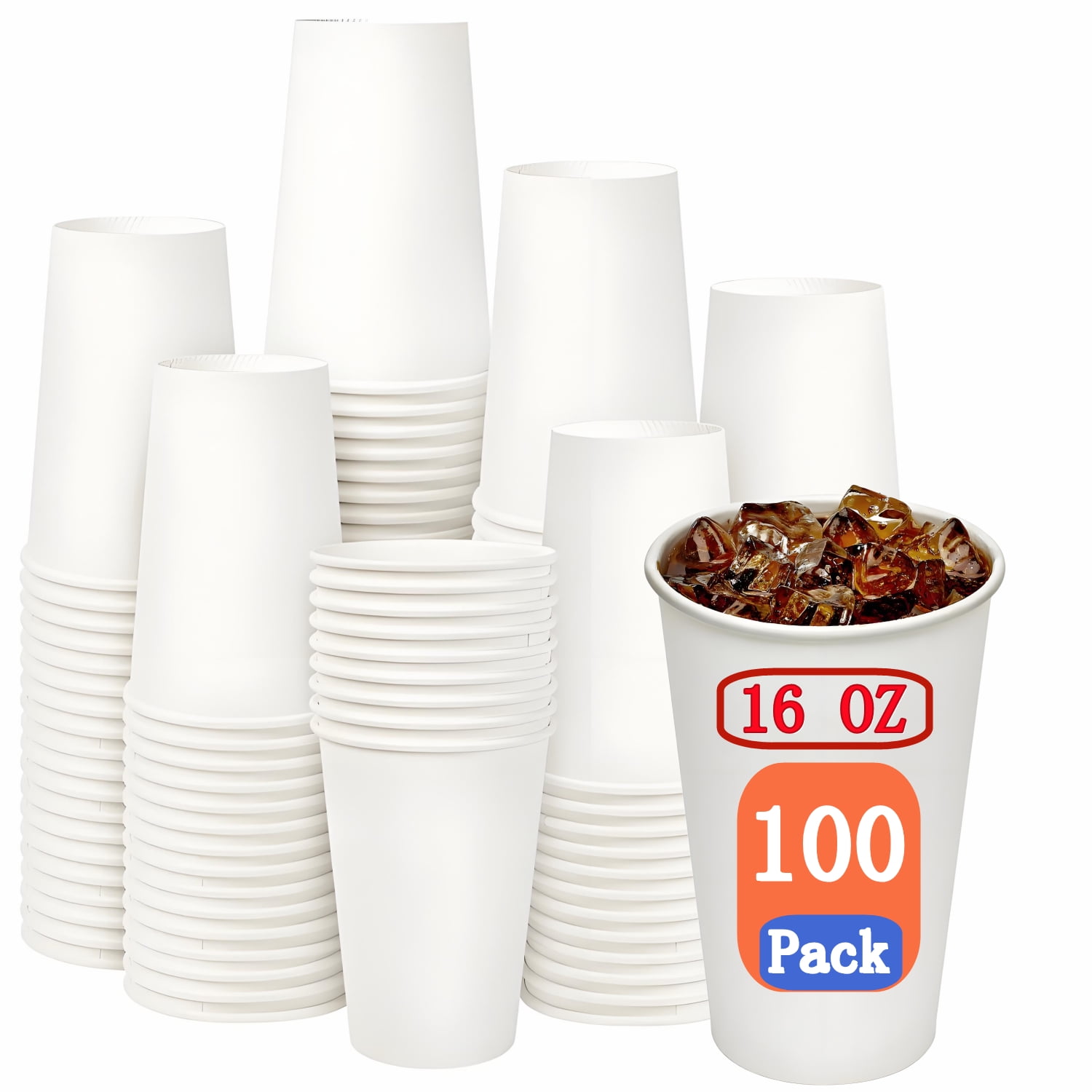 100 Packs 16 Oz Disposable Paper Cups, To Go Cups White Coffee Cups ...