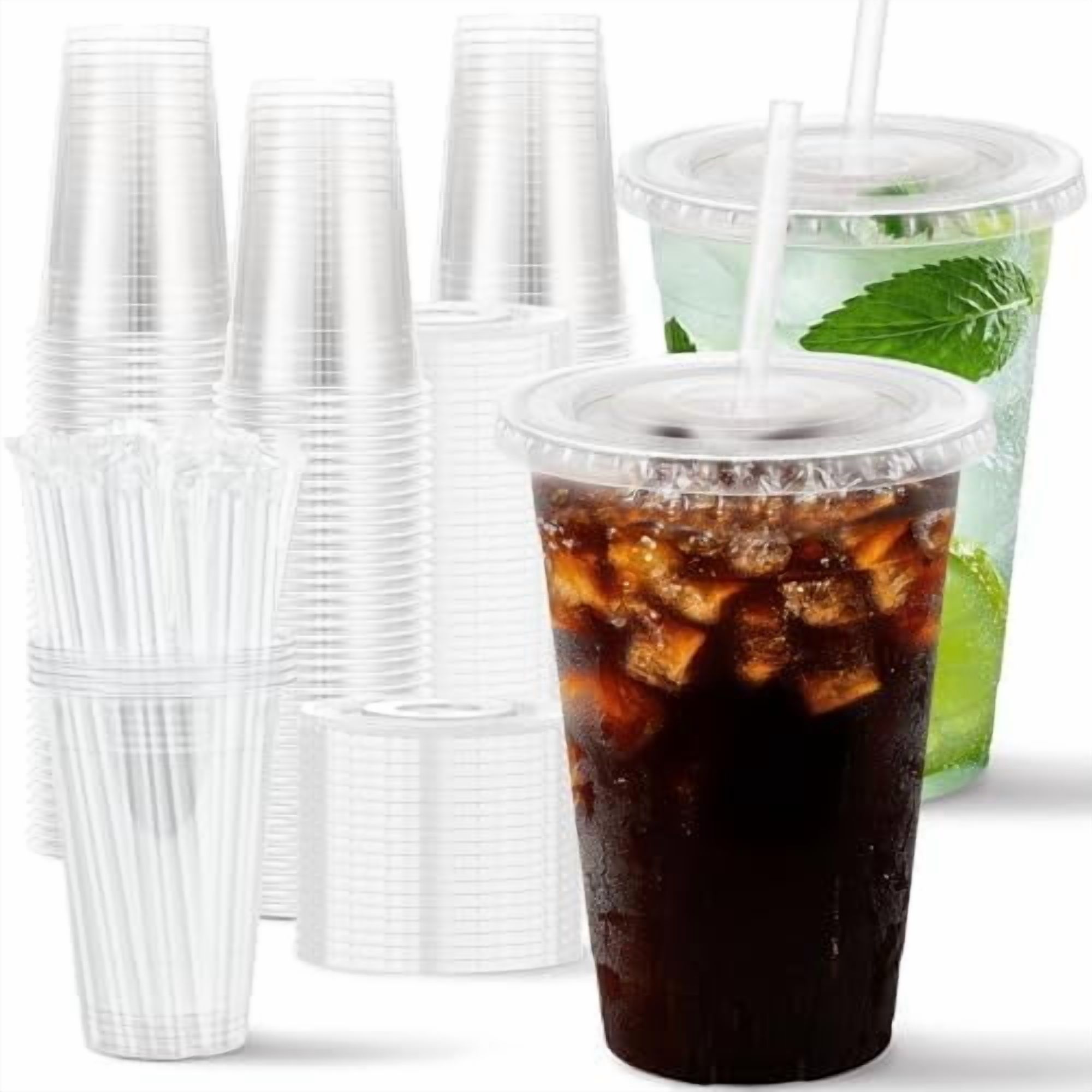 100 Pack 16 oz Disposable Plastic Cups with Lids and Straws, Clear ...