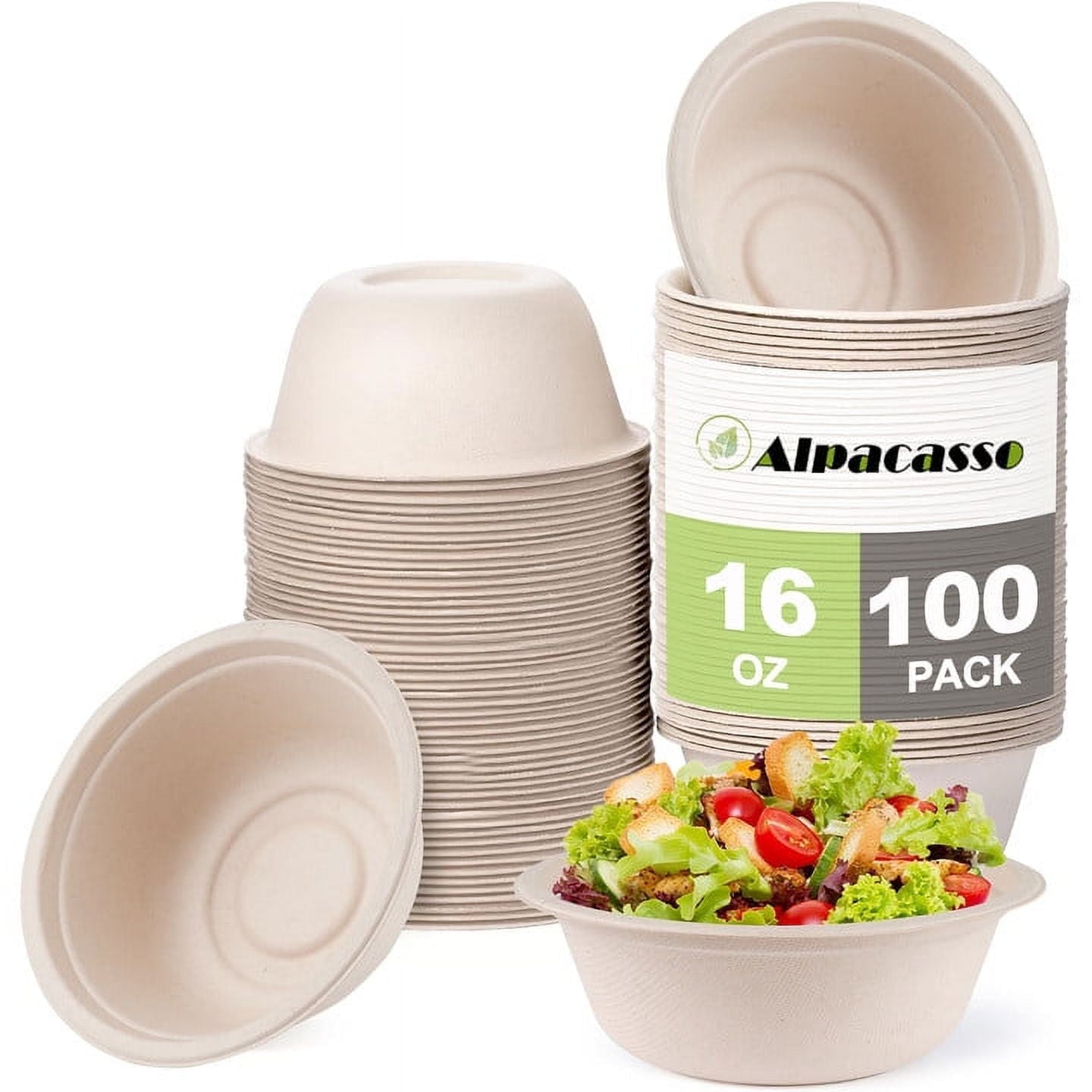 Alpacasso 100 Pack 16 oz Paper Bowls, Compostable Unbleached Bamboo ...