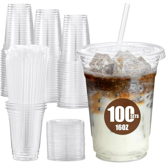 100 Pack Disposable Plastic Cups with Flat Lids and Straws, 16 oz ...