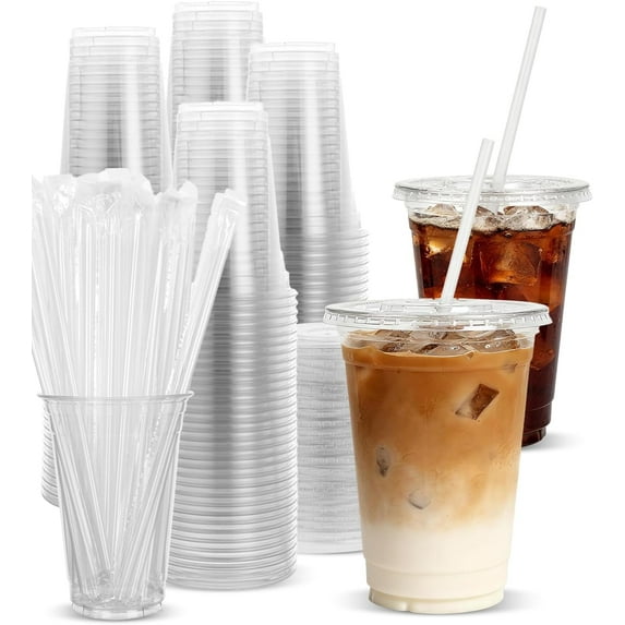 100 Pack 16oz Plastic Cups with Lids and Straws, Clear Disposable Iced ...