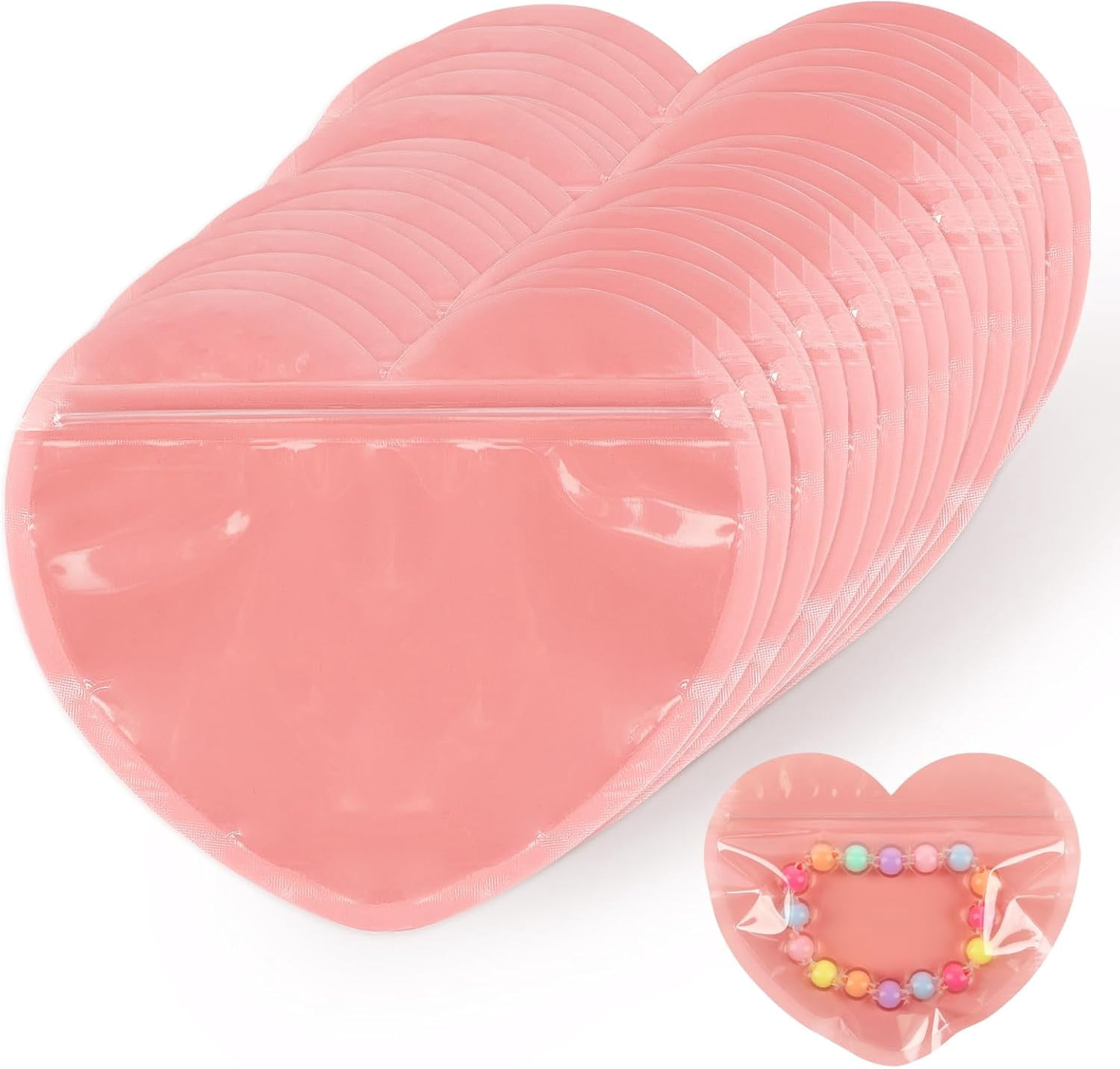 100 Pack 2 Size Mini Pink Heart-Shaped Bags for Jewelry, Resealable ...