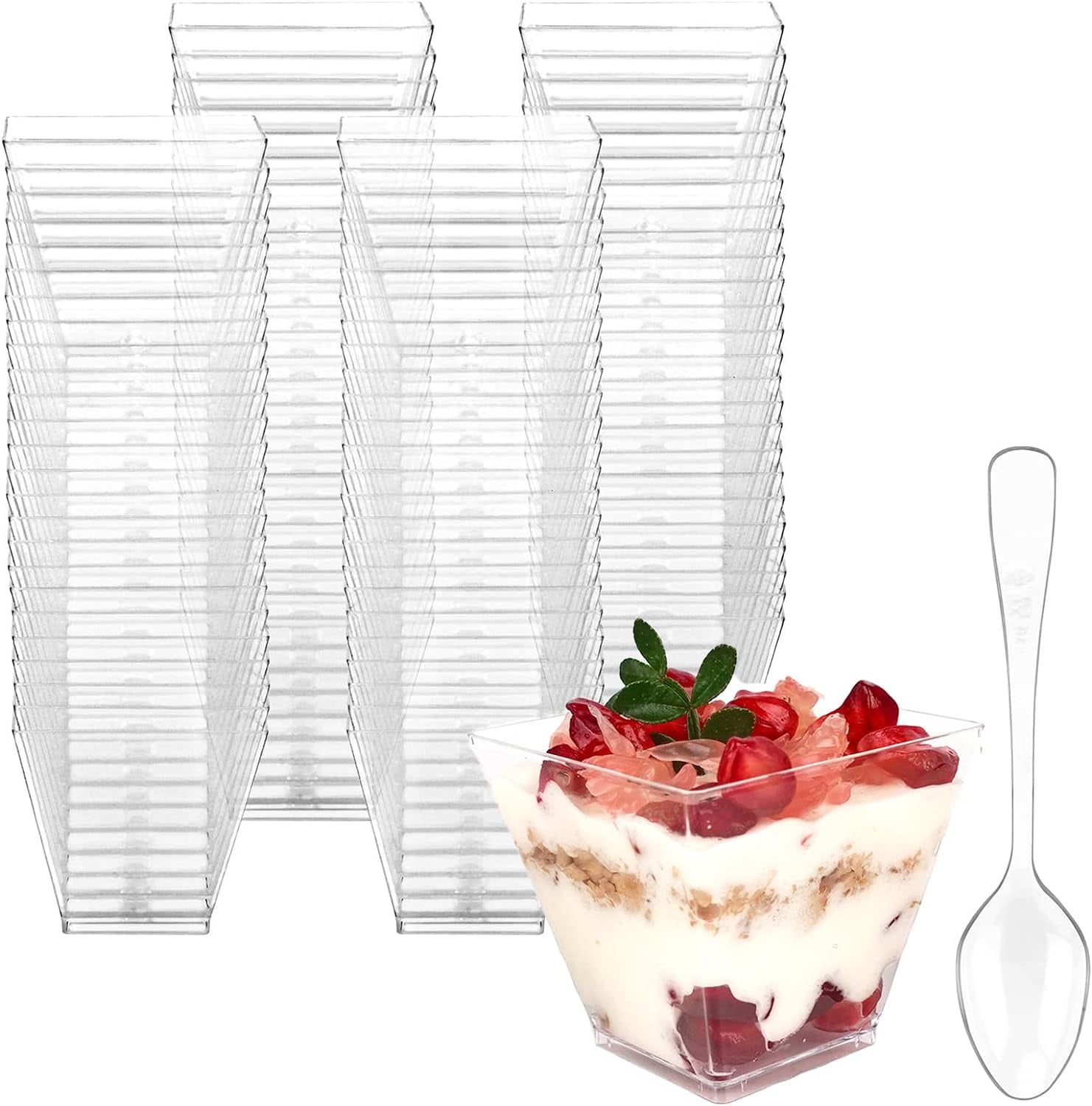 100 Pack 2 oz Mini Dessert Cups with Spoons, Clear Square Plastic ...
