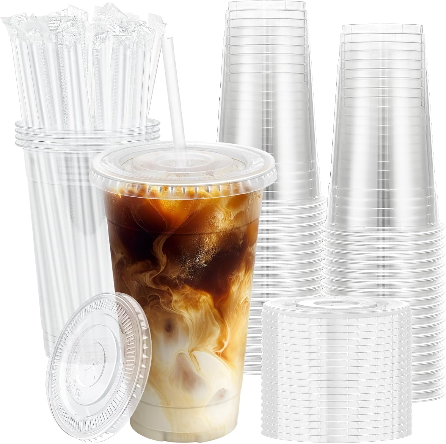 100 Pack 20 oz Clear Plastic Cups with Lids and Straws, Disposable Iced ...