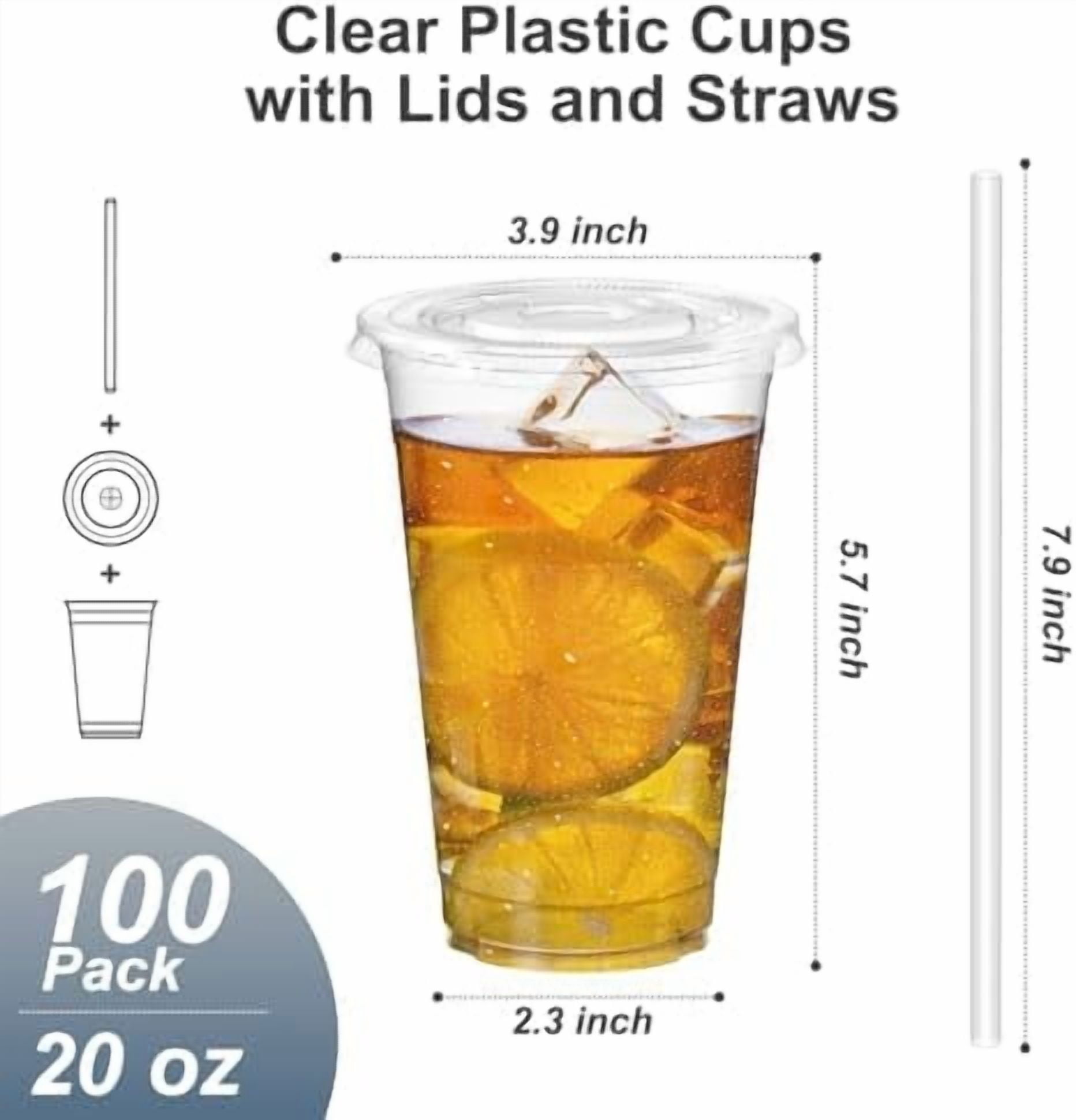 100 Pack - 20 oz Clear Plastic Cups with Lids and Straws, Sturdy & Food ...