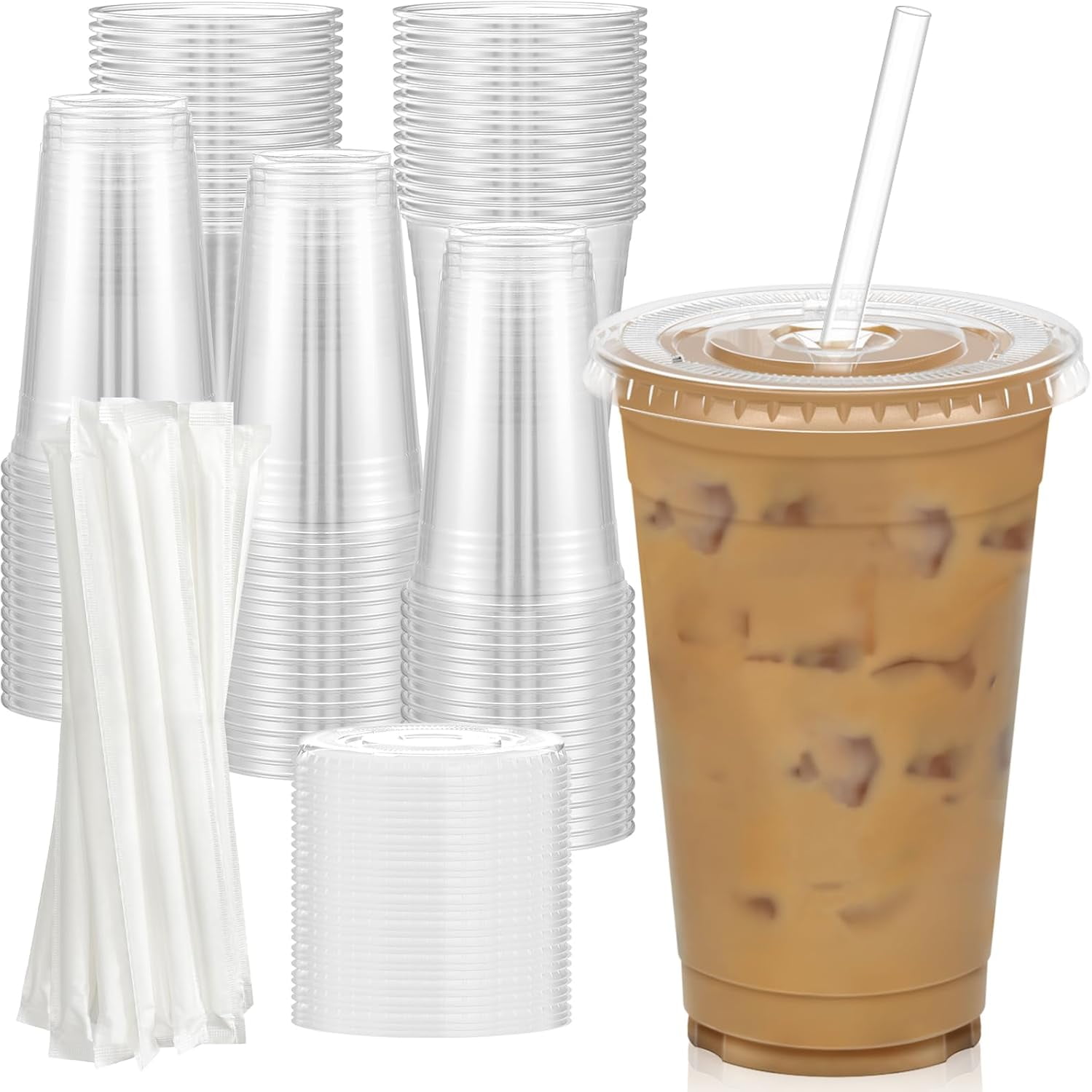100 Pack - 20 oz Clear Plastic Cups with Lids and Straws, Sturdy & Food ...