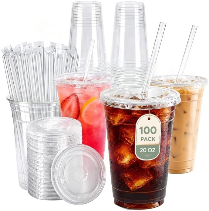 100 Pack - 20 oz Clear Plastic Cups with and Straws, Disposable Iced ...