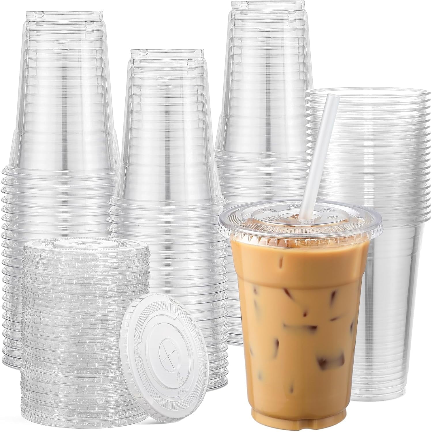 100 Pack - 24 oz Clear Plastic Cups with Lids and Straws ,Sturdy & Food ...