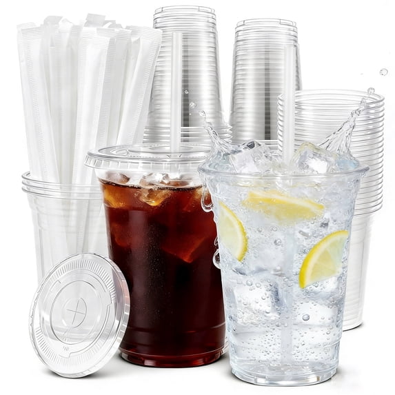 20oz Clear Plastic Cups with Lids and Straws - 100 Pack Disposable Iced ...