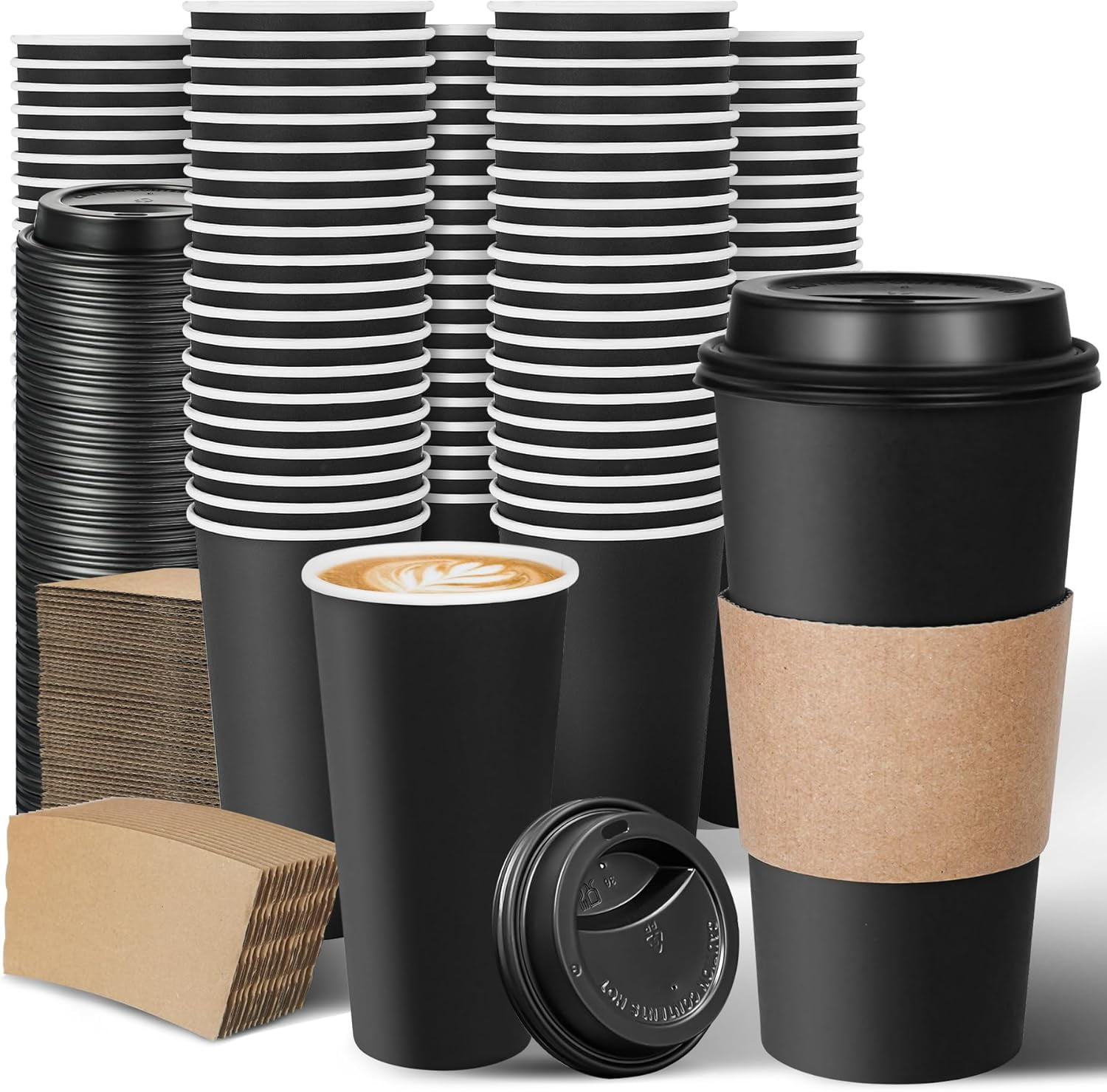 100 Pack 20 oz Disposable Coffee Cups with Lids and Sleeves Leak Free ...