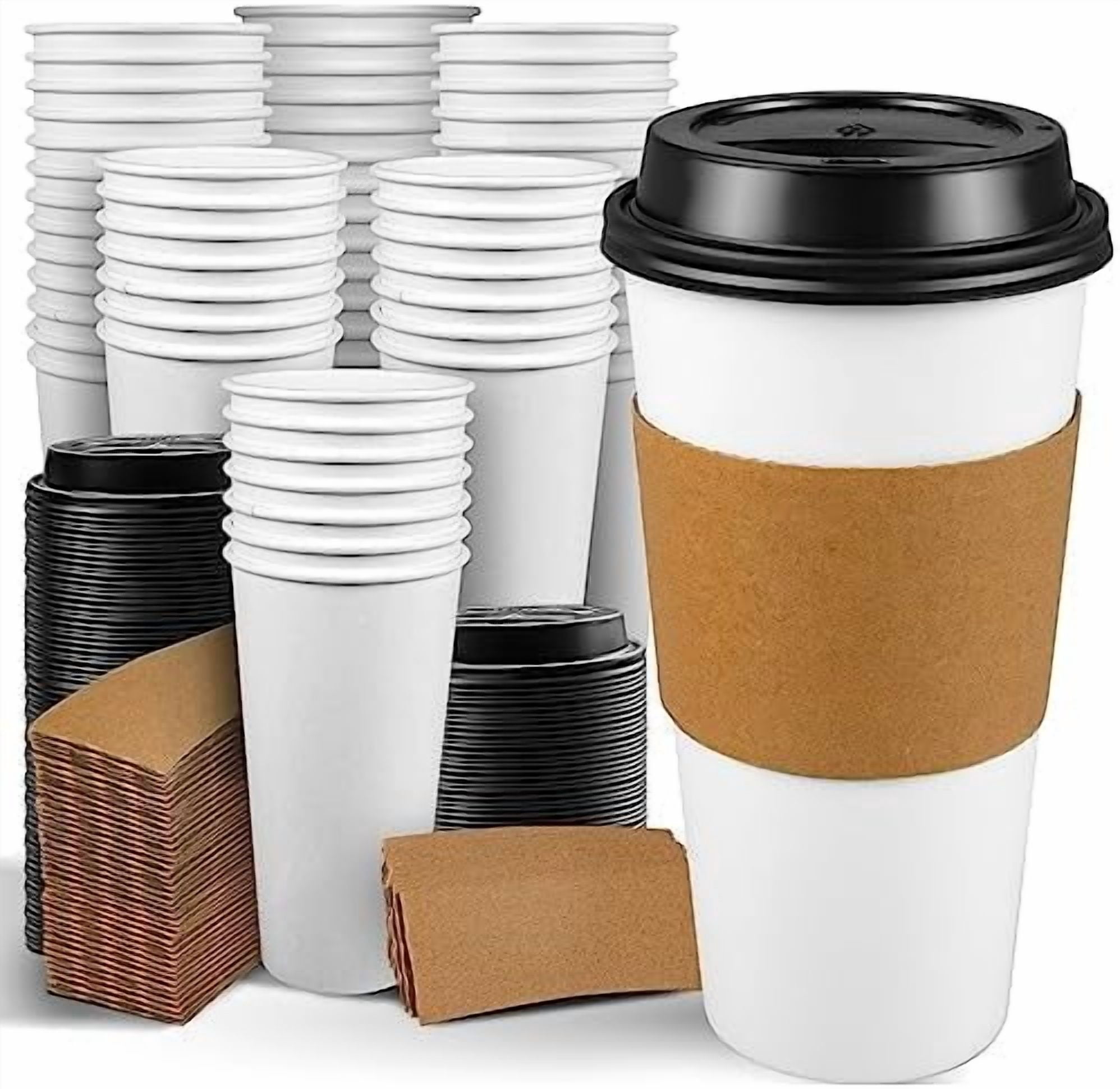 100 Pack 20 oz Disposable Paper Coffee Cups with Lids and Sleeves, To ...