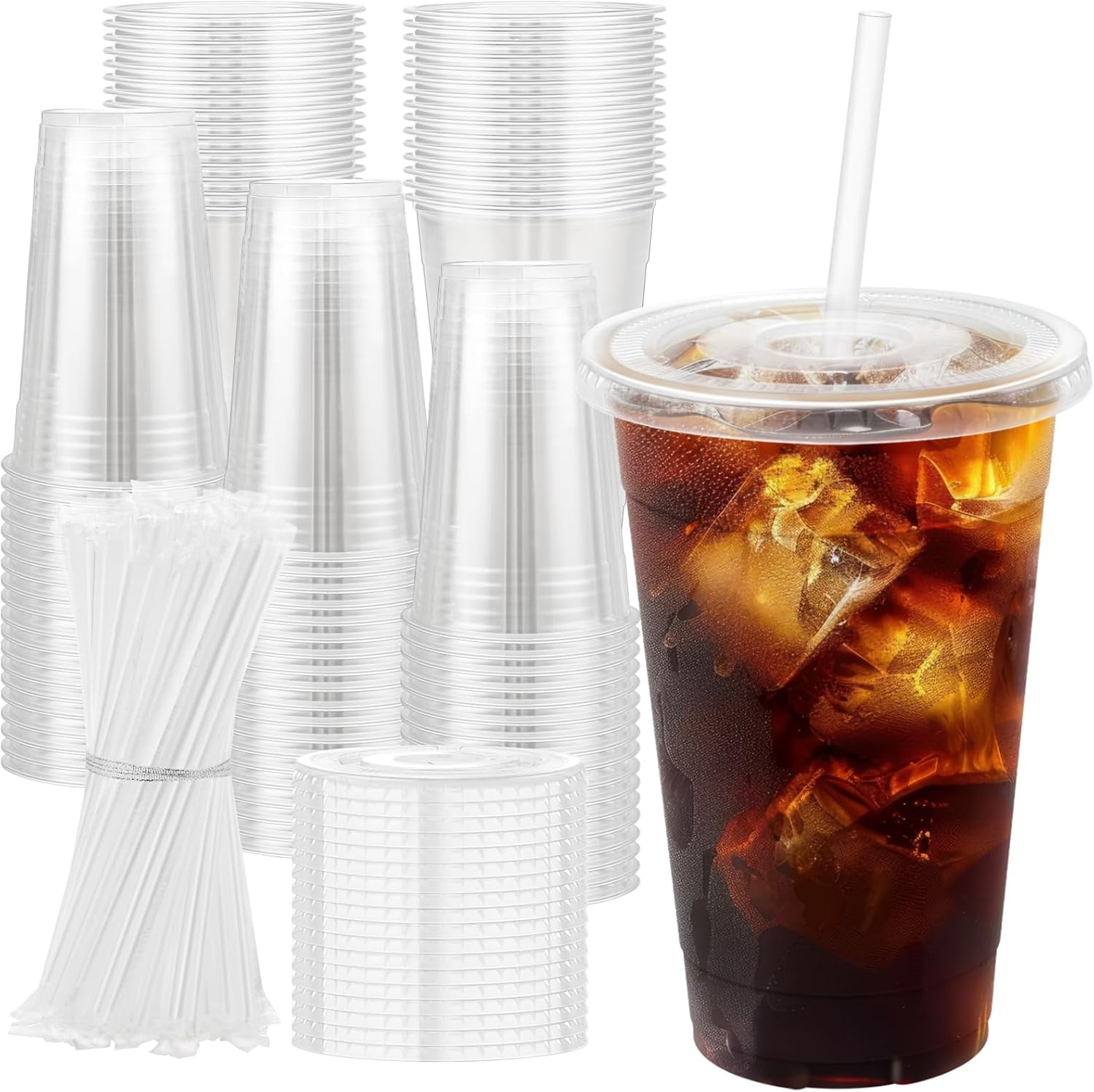 100 Pack 20 oz Plastic Cups with Lids and Straws Sturdy Food Safe Iced ...