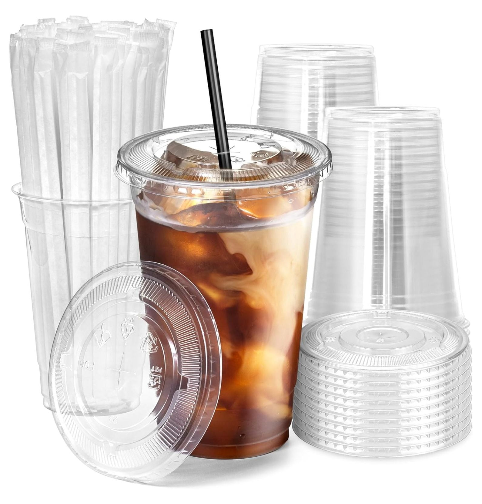 100 Pack 20 oz Plastic Iced Coffee Cups with Flat Lids and Black Straws ...
