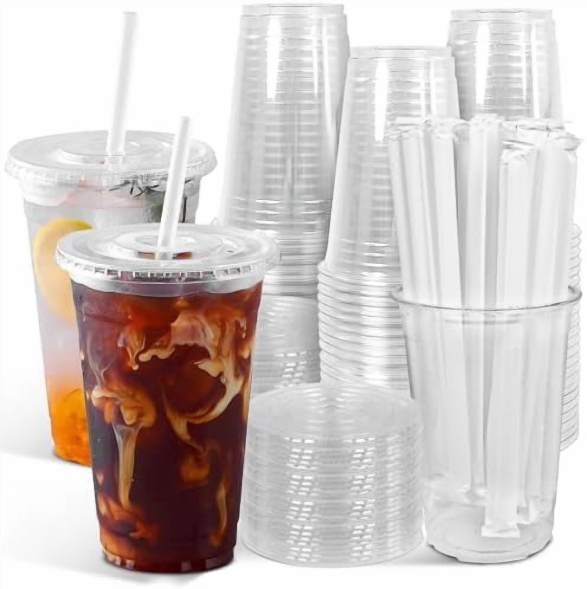 100-Pack 20oz Clear Plastic Iced Coffee Cups with Lids and Straws ...