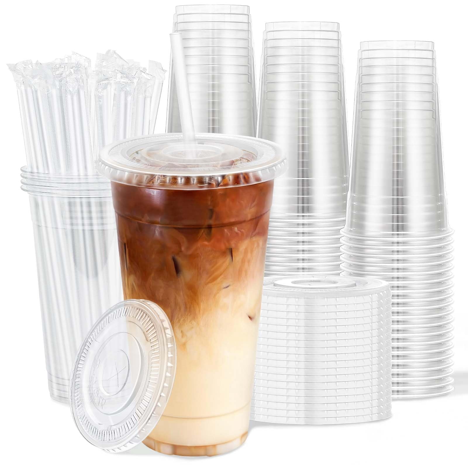 100 Pack 24 Oz Disposable Clear Plastic Cups With Lids And Straws Leak ...