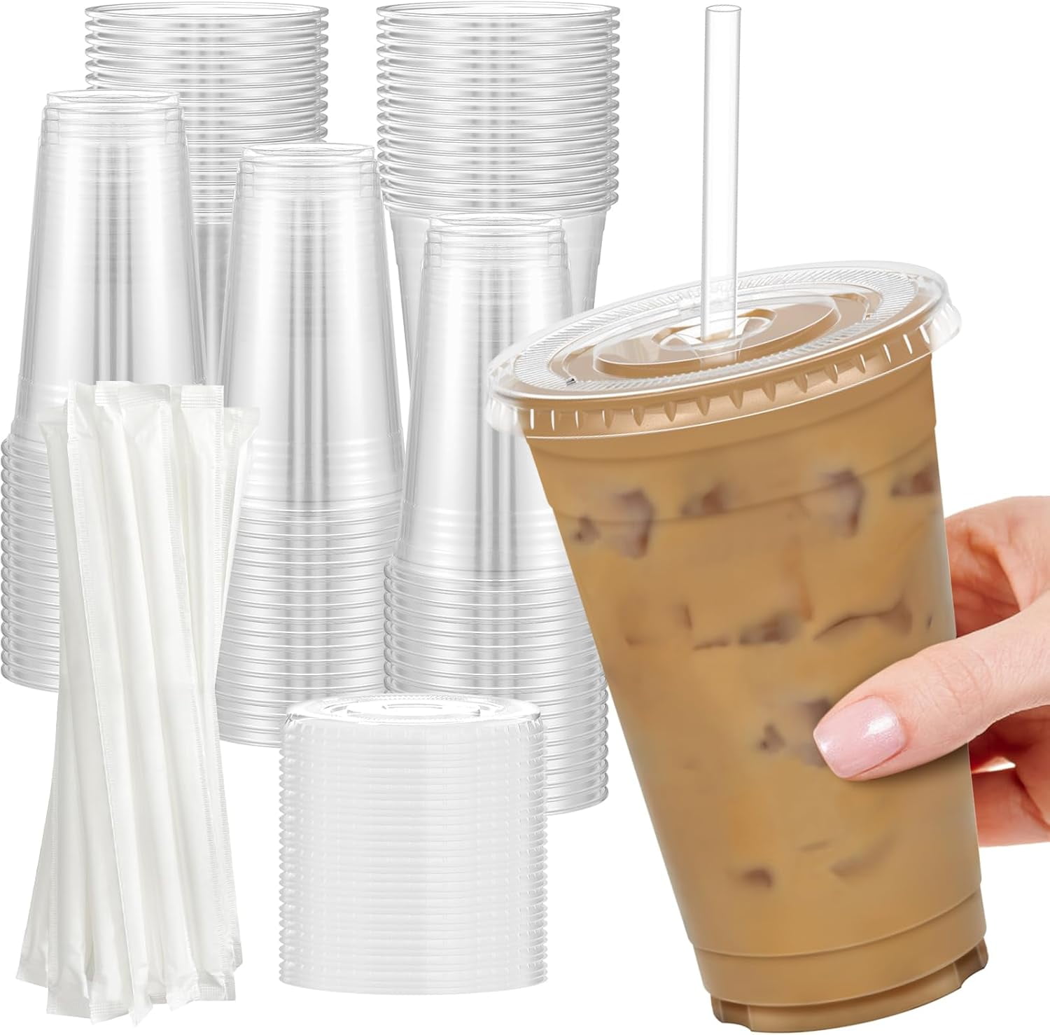 100 Pack - 24 oz Clear Plastic Cups with Lids and Straws, Sturdy & Food ...