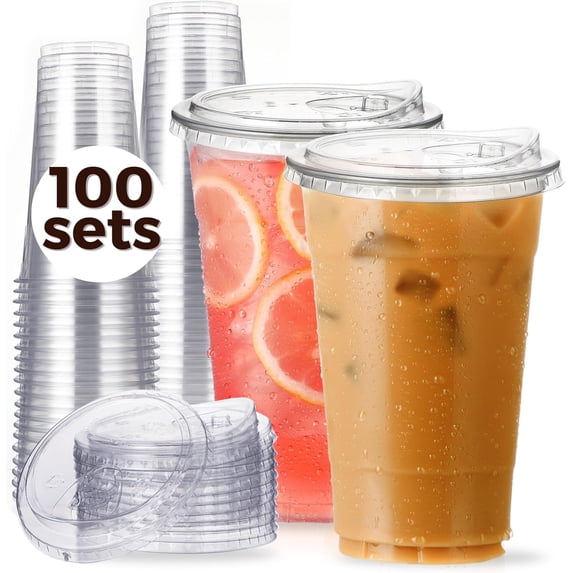 100 Pack 24 oz Clear Plastic Cups with Strawless-Sip-Lids, Disposable ...