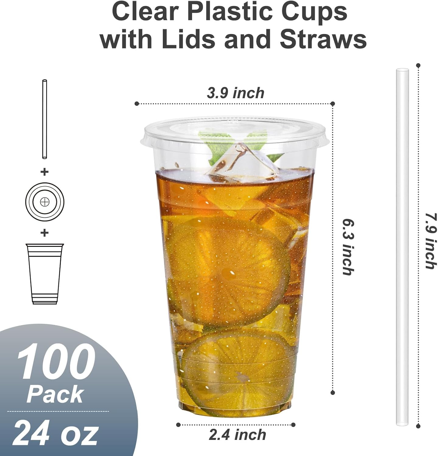 100-Pack 24 oz Clear Plastic Cups with Lids and Straws, Sturdy & Food ...