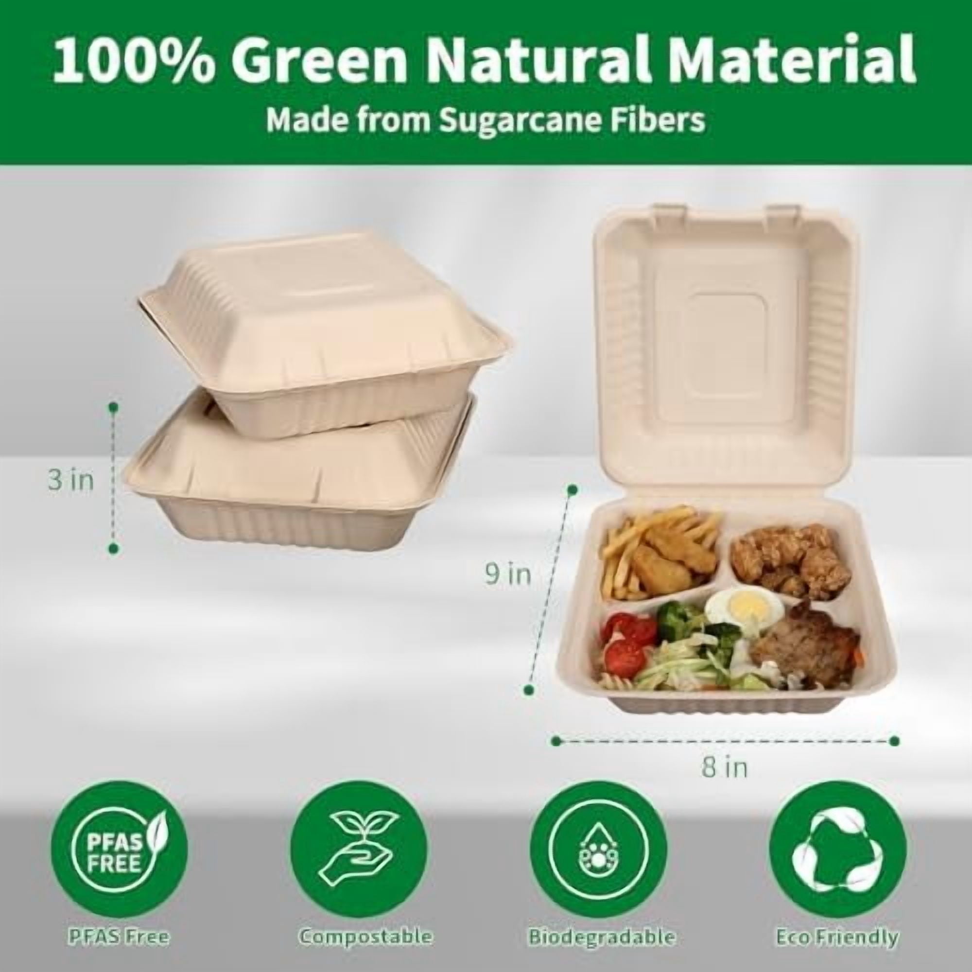 100 Pack 3 Compartment Compostable 8x9 Inch Takeout Lunch Box ...
