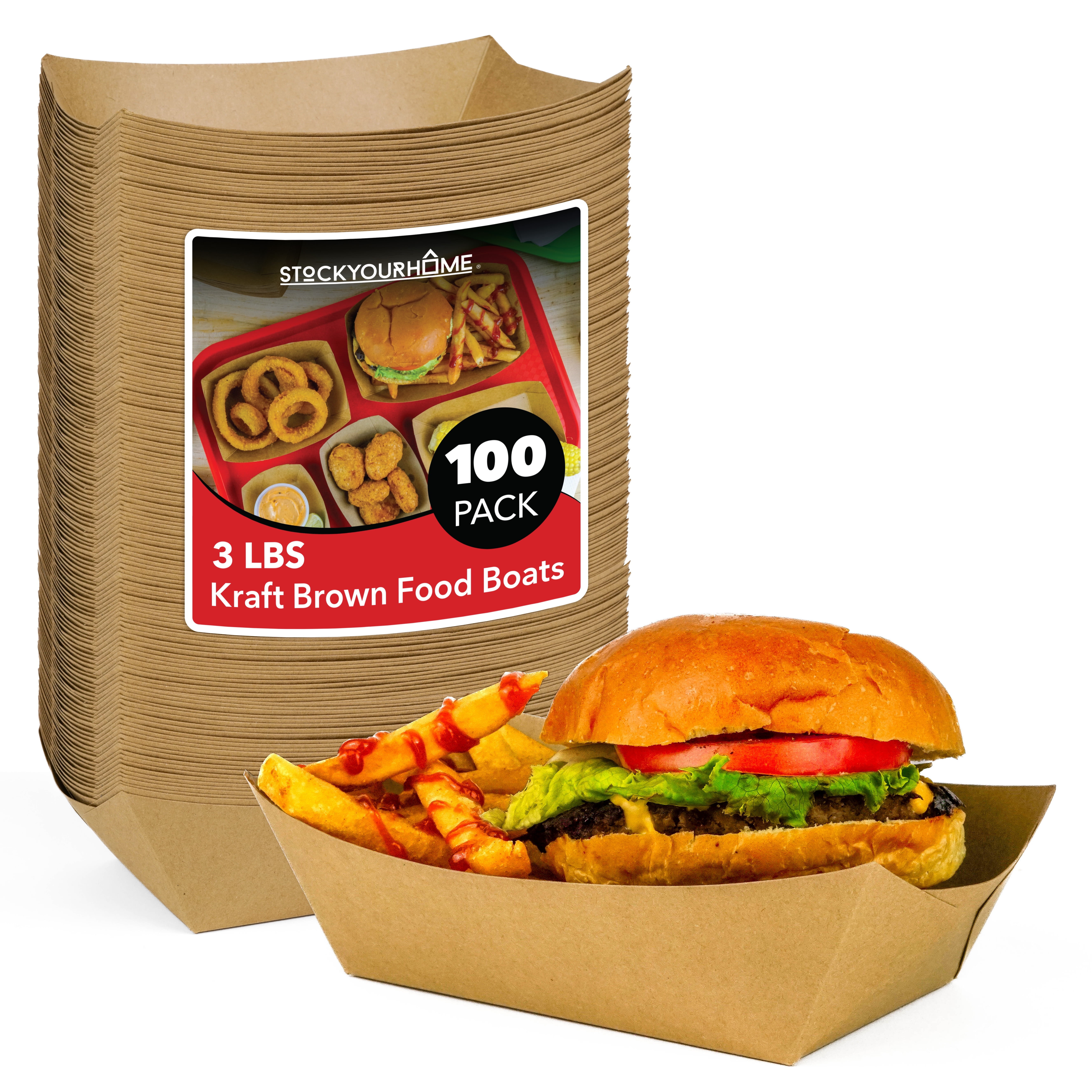 100 Pack 3-Lb Kraft Paper Food Trays, Disposable Serving Boats for ...