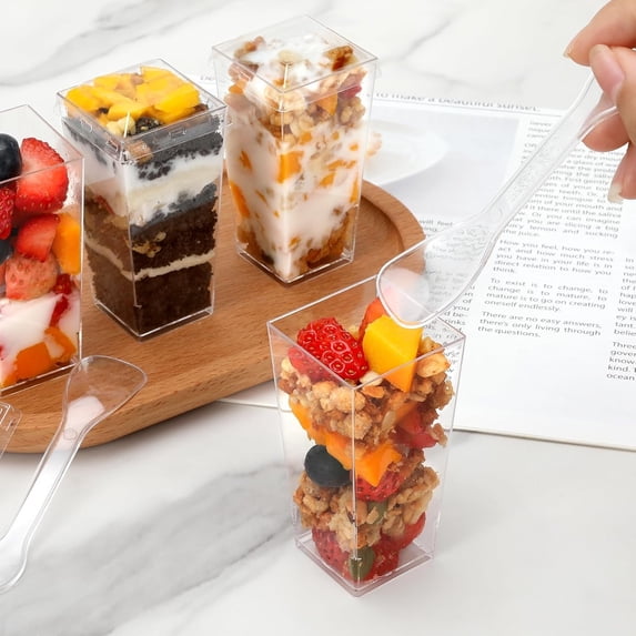 100 Pack 3 OZ Mini Dessert Cups with Lids and Spoons, Square Tall ...
