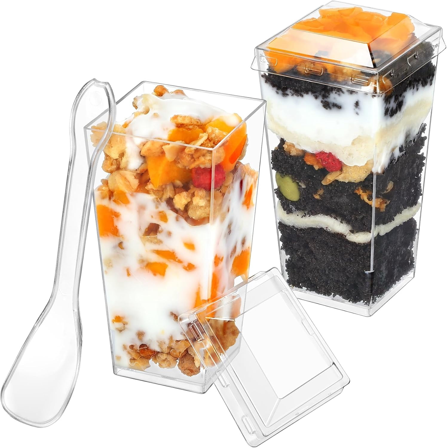 100 Pack 3 OZ Mini Dessert Cups with Lids and Spoons, Square Tall ...