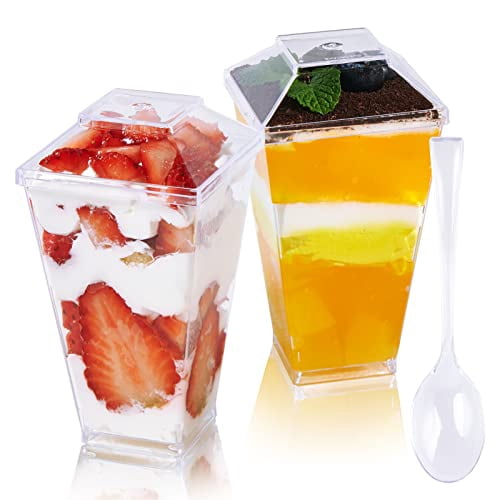 100 Pack 3 Oz Mini Dessert Cups With Spoons And Lids, Square Tall Clear ...