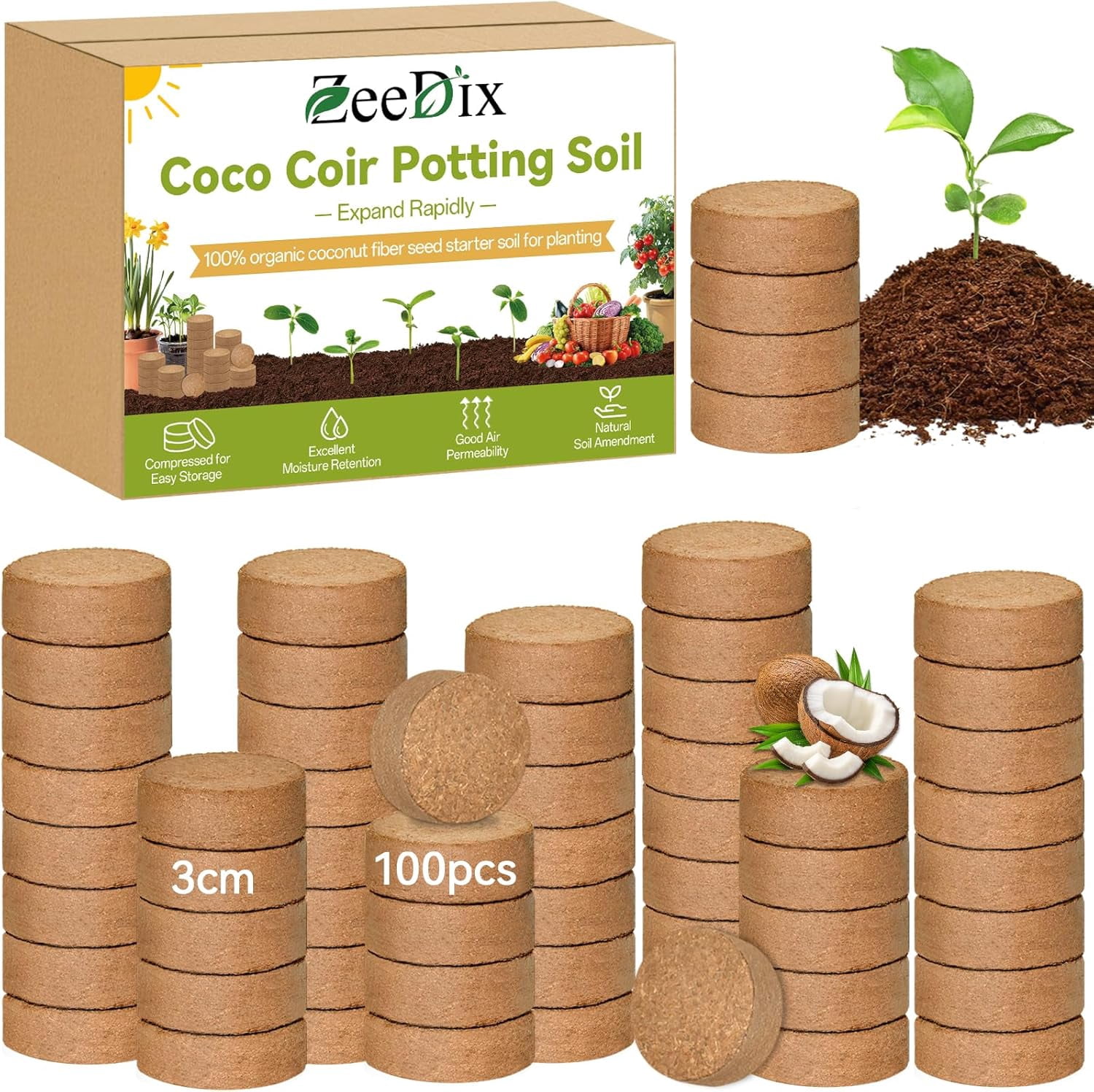 100 Pack 30mm Organic Coco Coir Seed Starter Pellets, Compressed ...