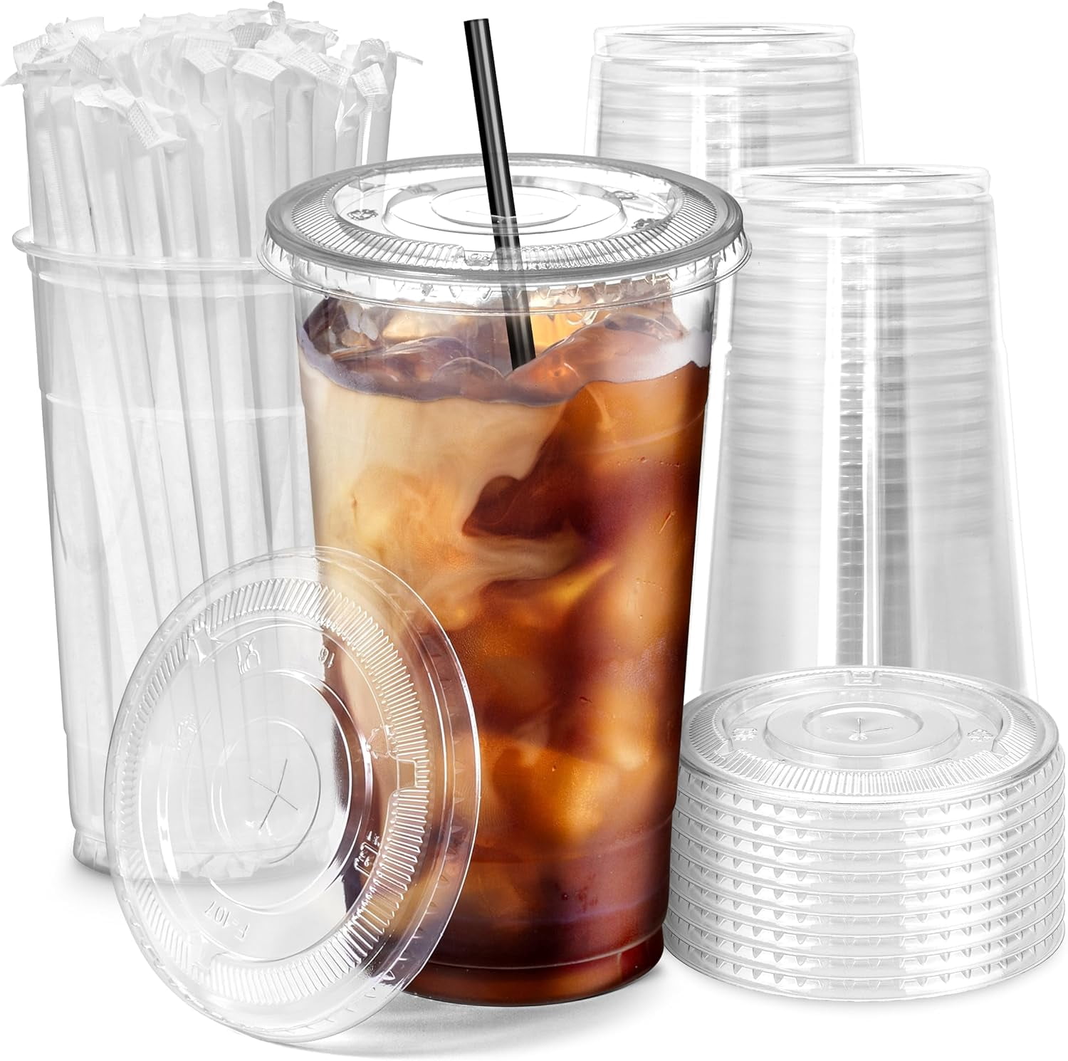 100 Pack 32 oz Clear Plastic Iced Coffee Cups with Flat Lids and Black ...