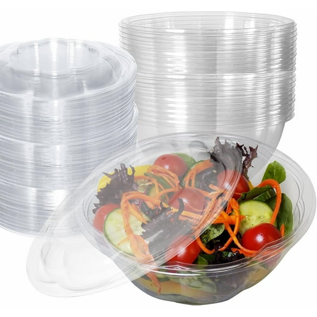[100 Pack] 32oz Salad Bowls To-Go with Lids - Crystal Clear Plastic ...