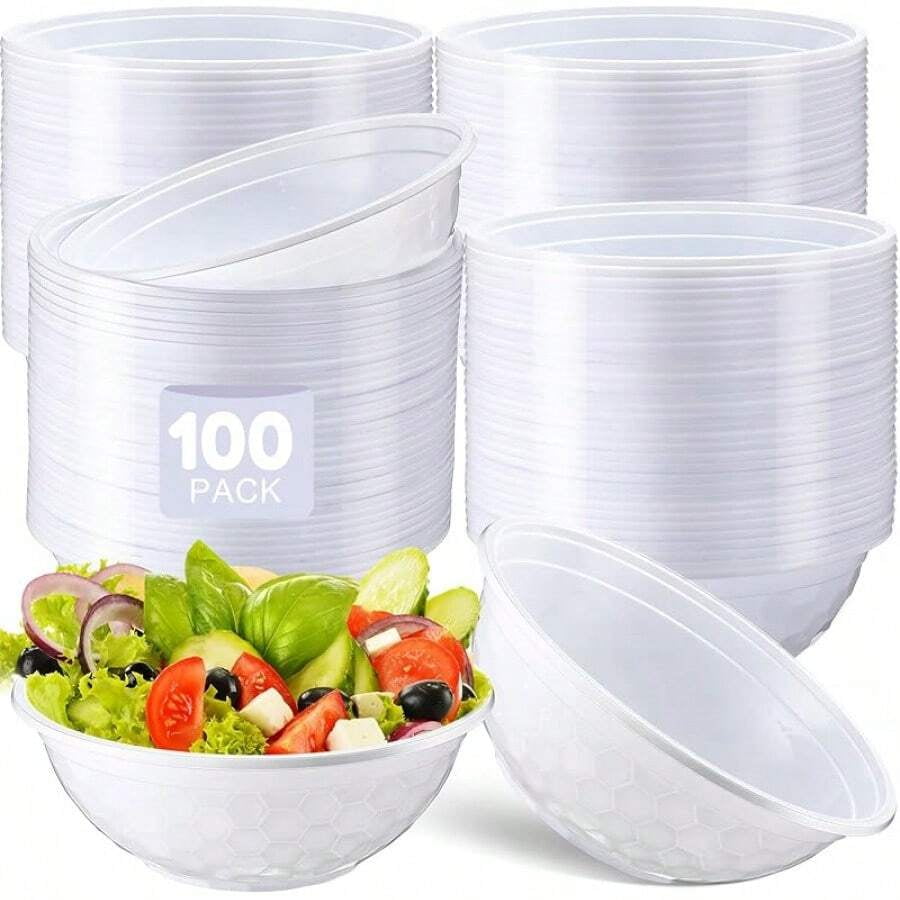 100 Pack 32oz White Disposable Plastic Bowls Plastic Salad Bowls Large ...