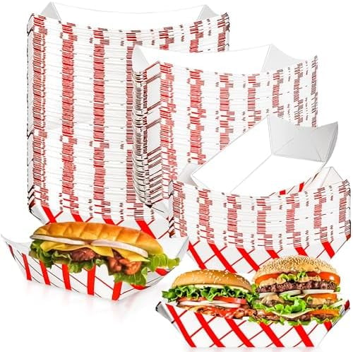 100 Pack 3lb Paper Food Trays,Disposable Greaseproof Kraft Checkered ...