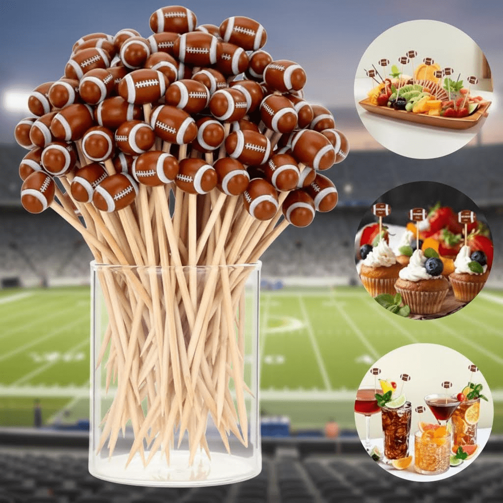100-Pack 4.72 Inch Football-Themed Bamboo Cocktail Picks, Decorative ...
