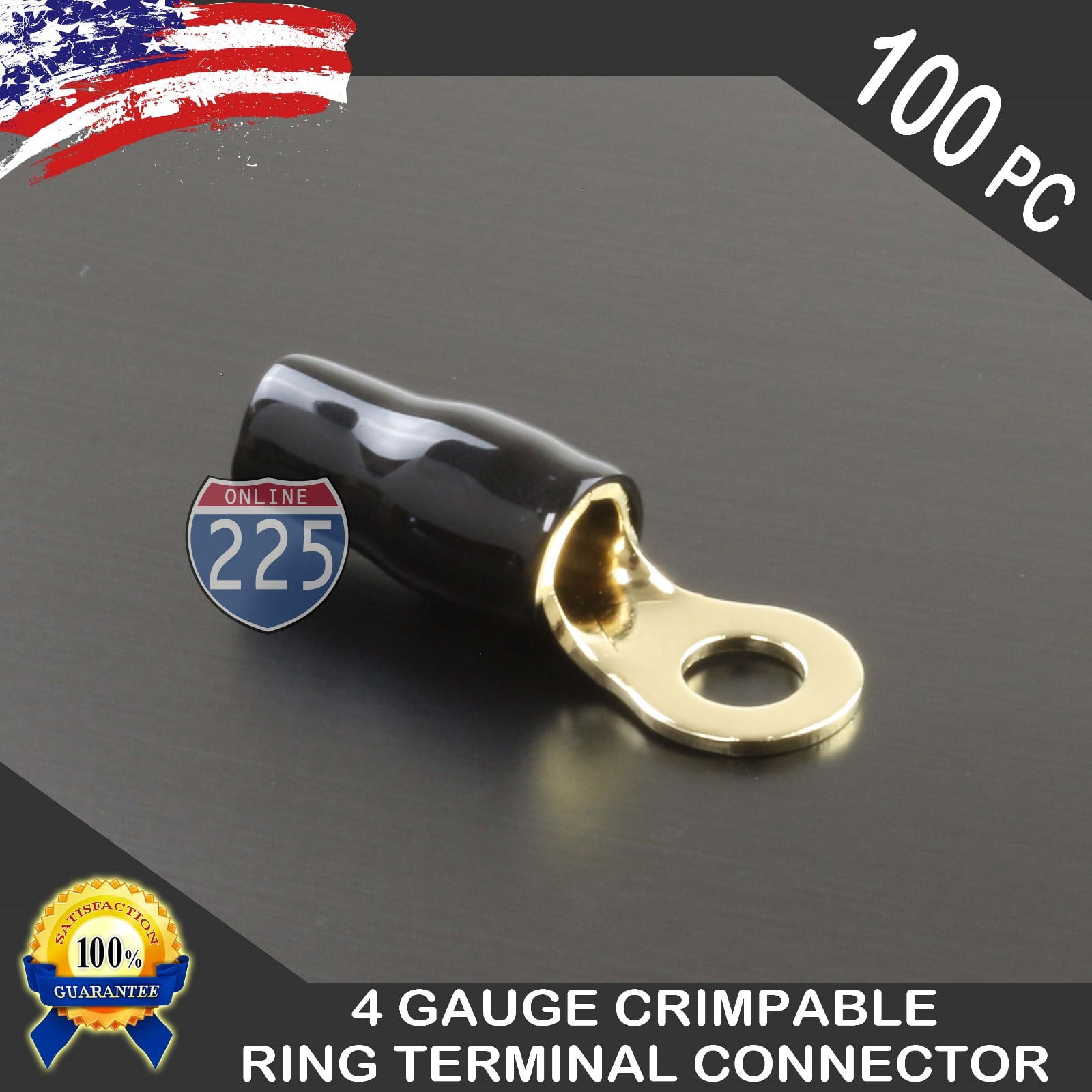 100 Pack 4 Gauge Gold Ring Terminal AWG Wire Crimp Cable Black Boots- 5 ...