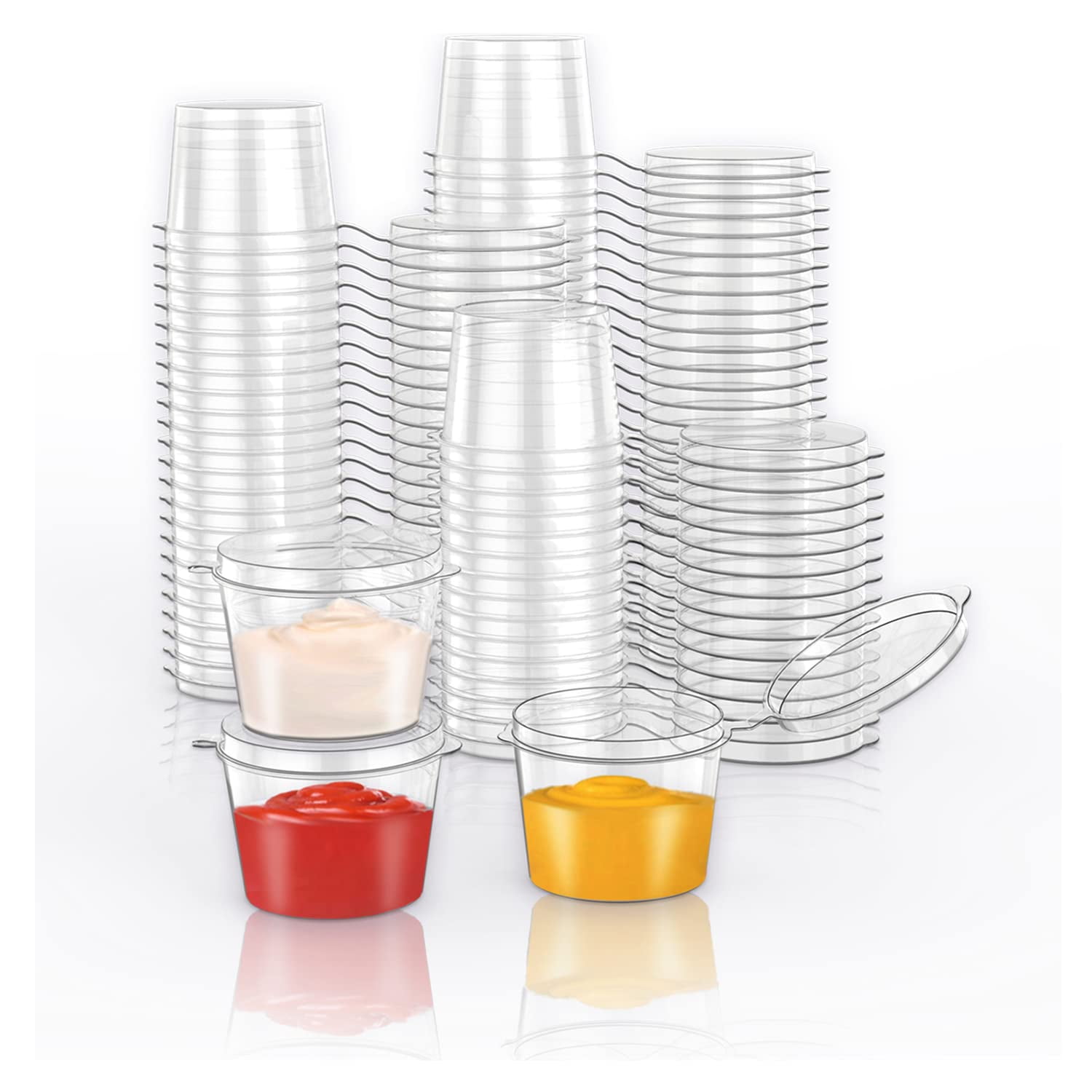 [100 Pack] 4 Oz Leak Proof Plastic Condiment Souffle Containers with Attached Lids - Portion ...