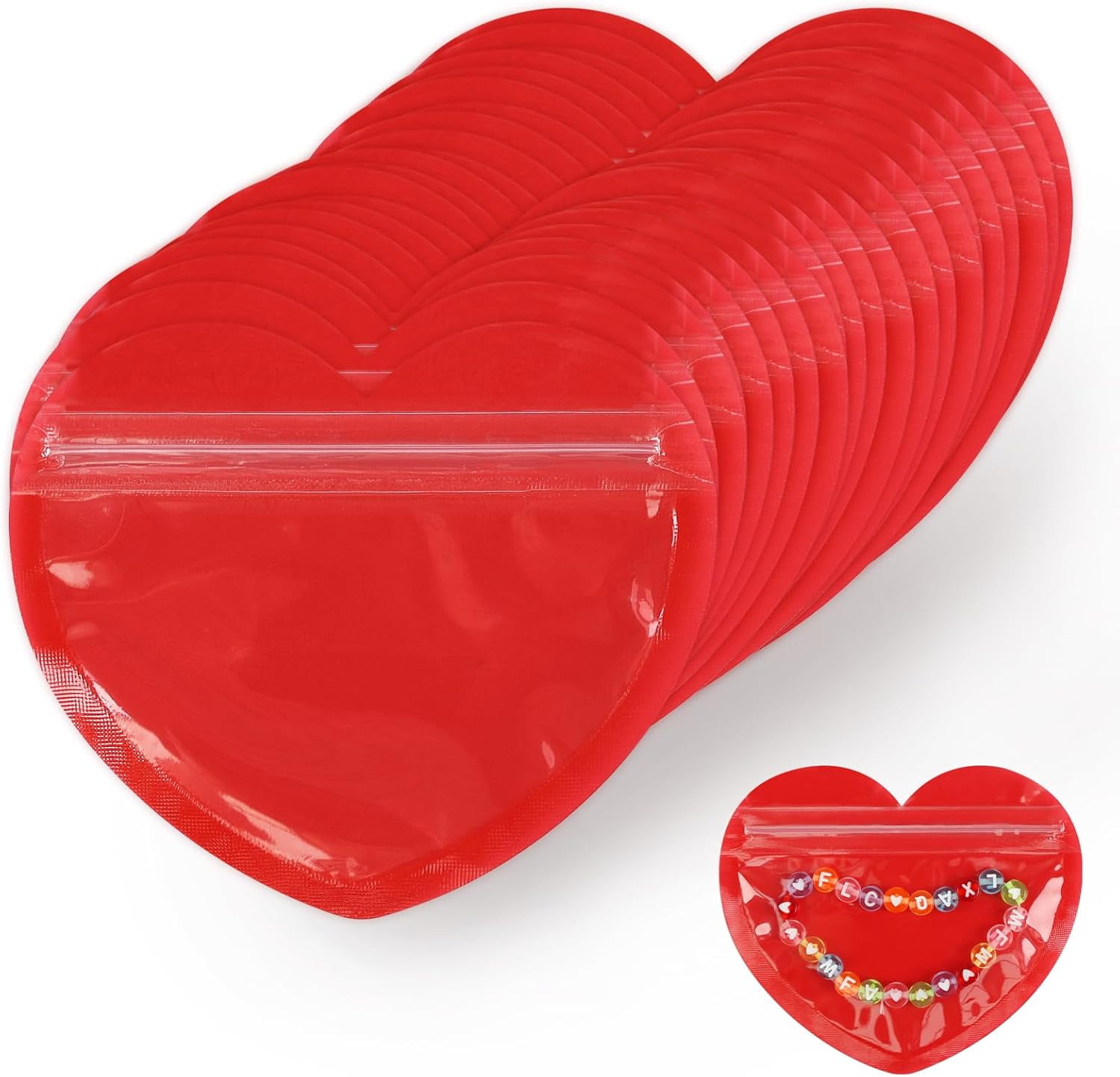 100 Pack 5.91x5 Inch Mini Red Heart-Shaped Bags for Jewelry, Resealable ...